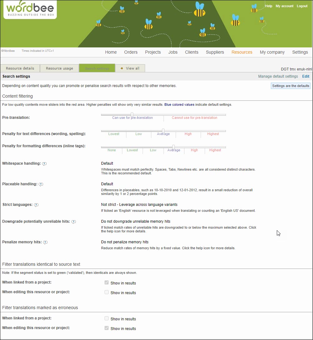 Translation memory settings